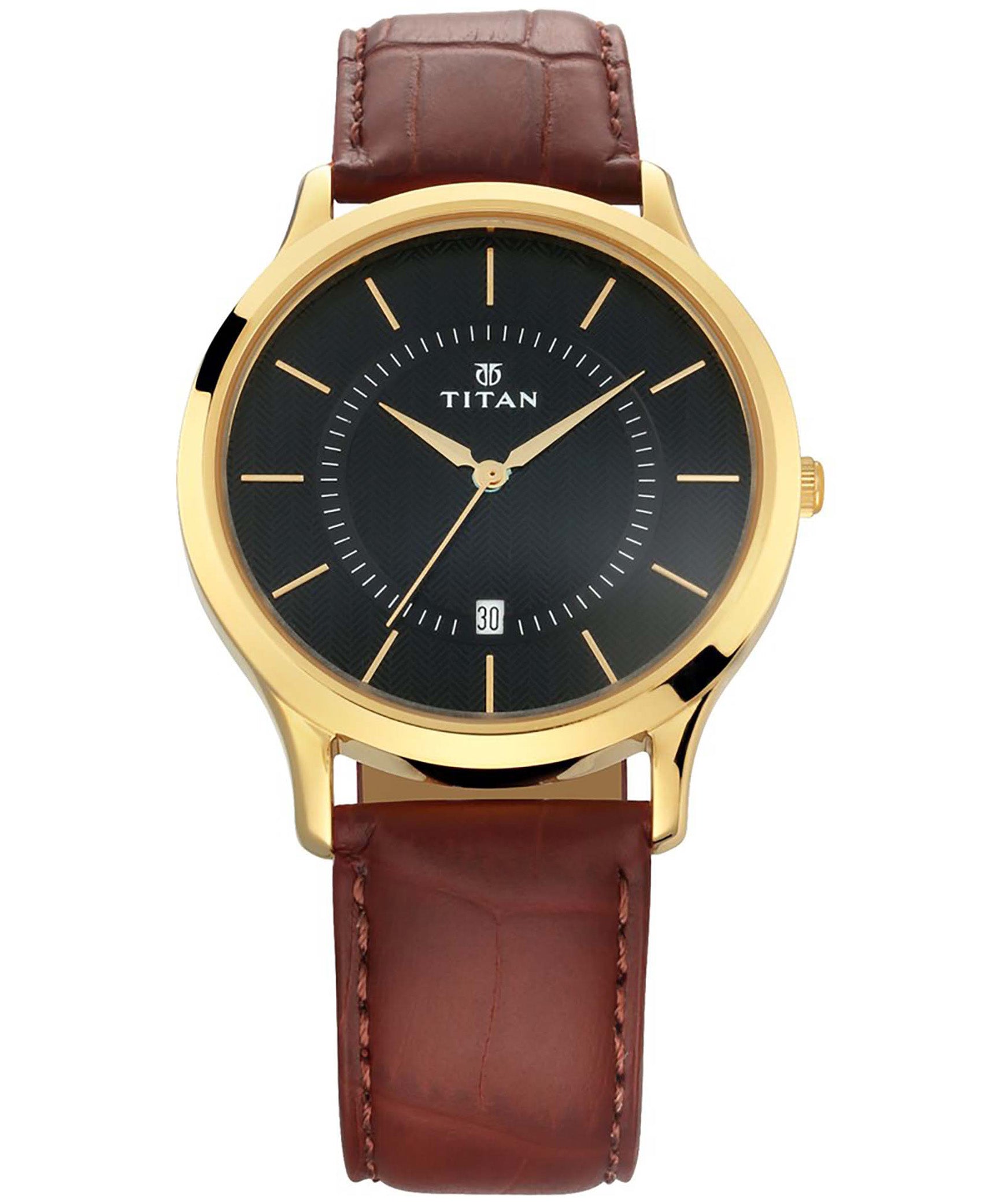 Titan Men's Watch Black Dial Brown Leather Strap Watch, 1825YL01 ...